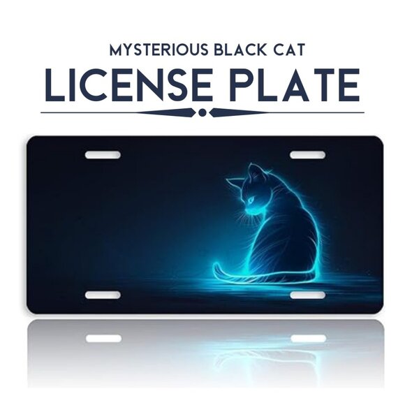 Accents | Mysterious Black Cat License Plate Cover Cute Blue Glow ...